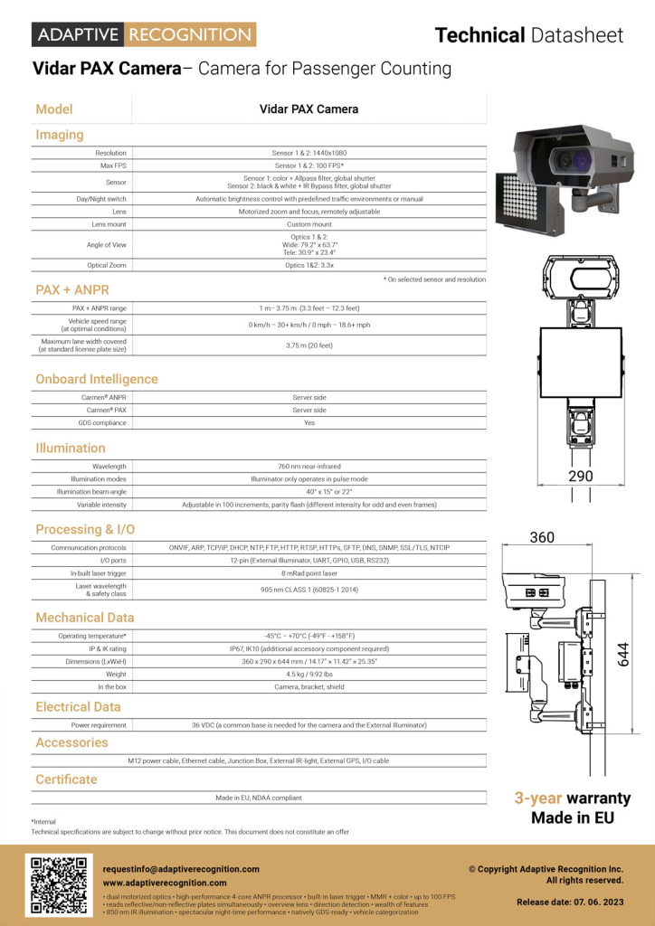 Vidar Pax Camera for Passenger Counting & Identification - Adaptive Recognition's documents